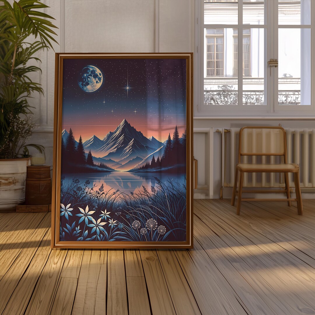 Celestial Mountain Digital Art Print | Starry Night Landscape | Dreamy ...