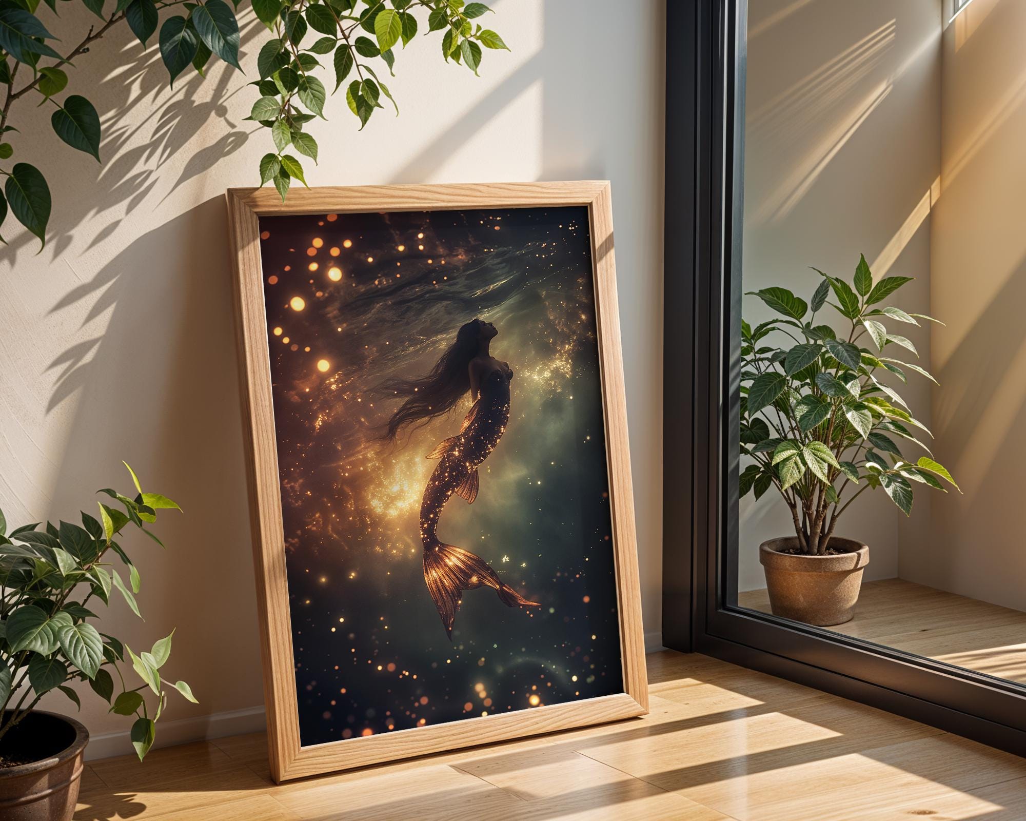 Golden Mermaid Glow Digital Art Print | Enchanting Ocean Fantasy ...
