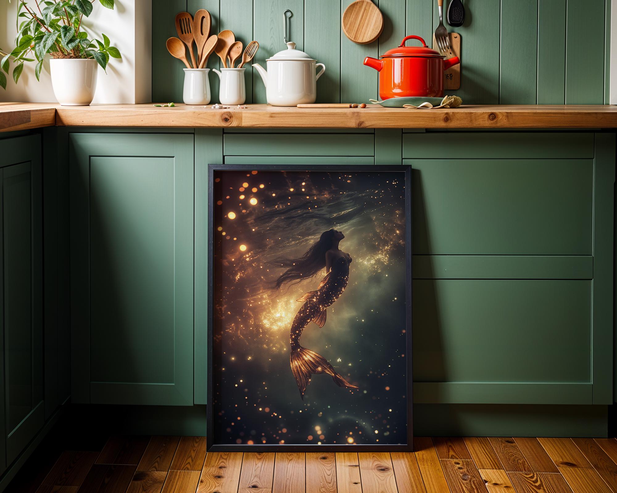 Golden Mermaid Glow Digital Art Print | Enchanting Ocean Fantasy ...