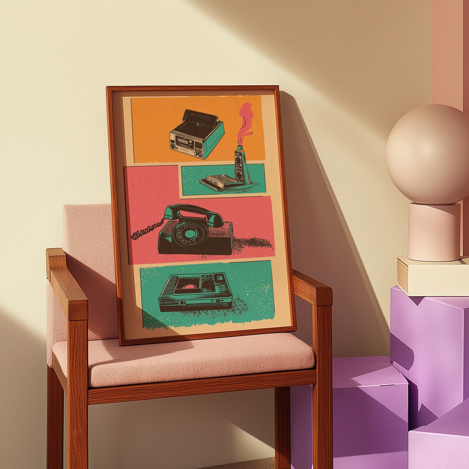 Retro Tech Pop Art Print | Vintage Phone, Camera & Cassette | Bold 80s ...