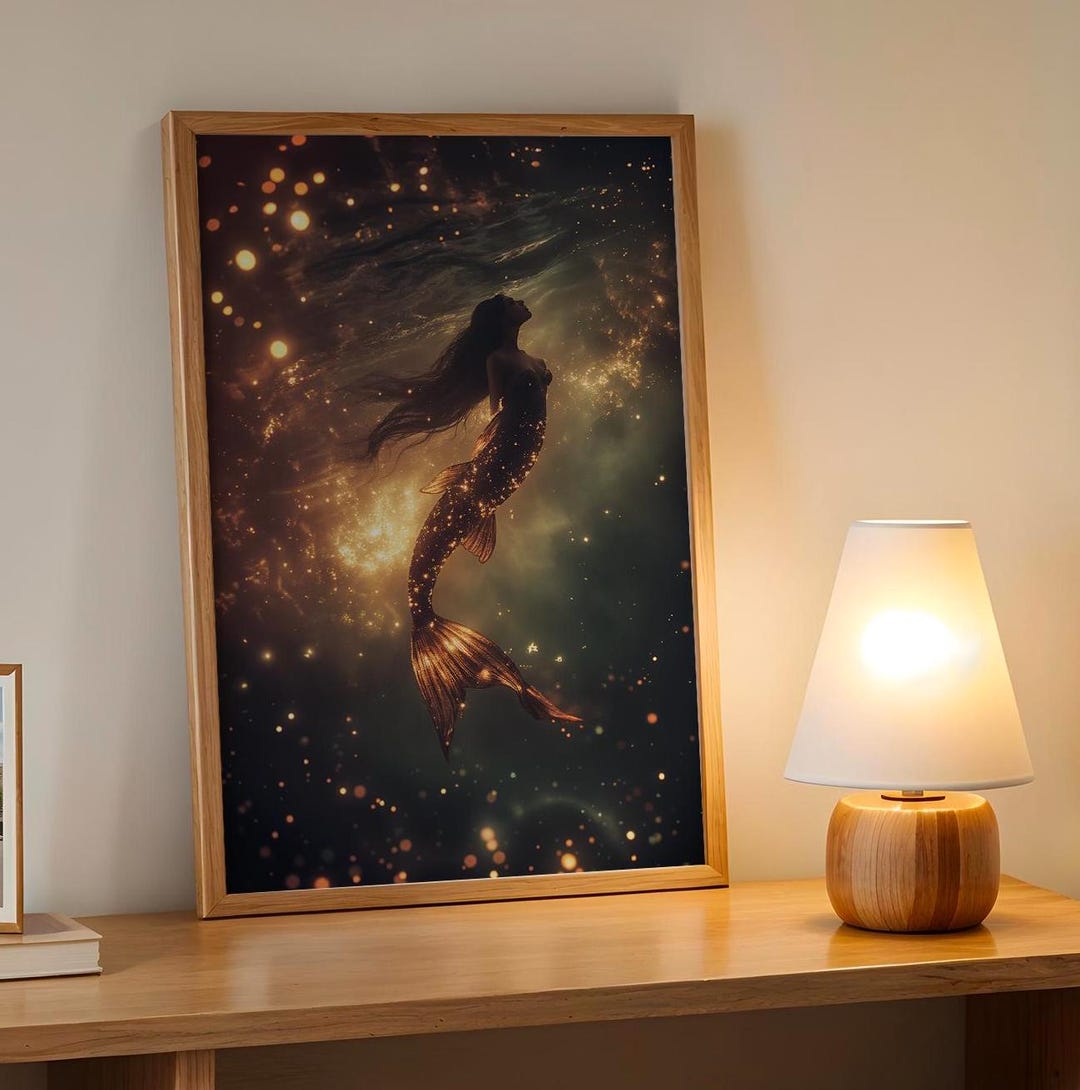 Golden Mermaid Glow Digital Art Print | Enchanting Ocean Fantasy ...