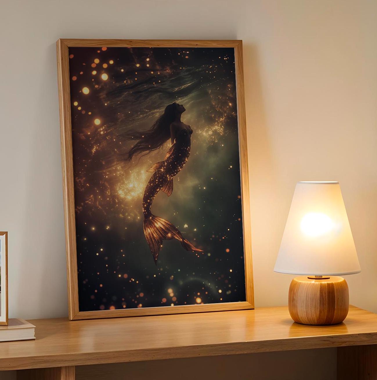 Golden Mermaid Glow Digital Art Print | Enchanting Ocean Fantasy ...