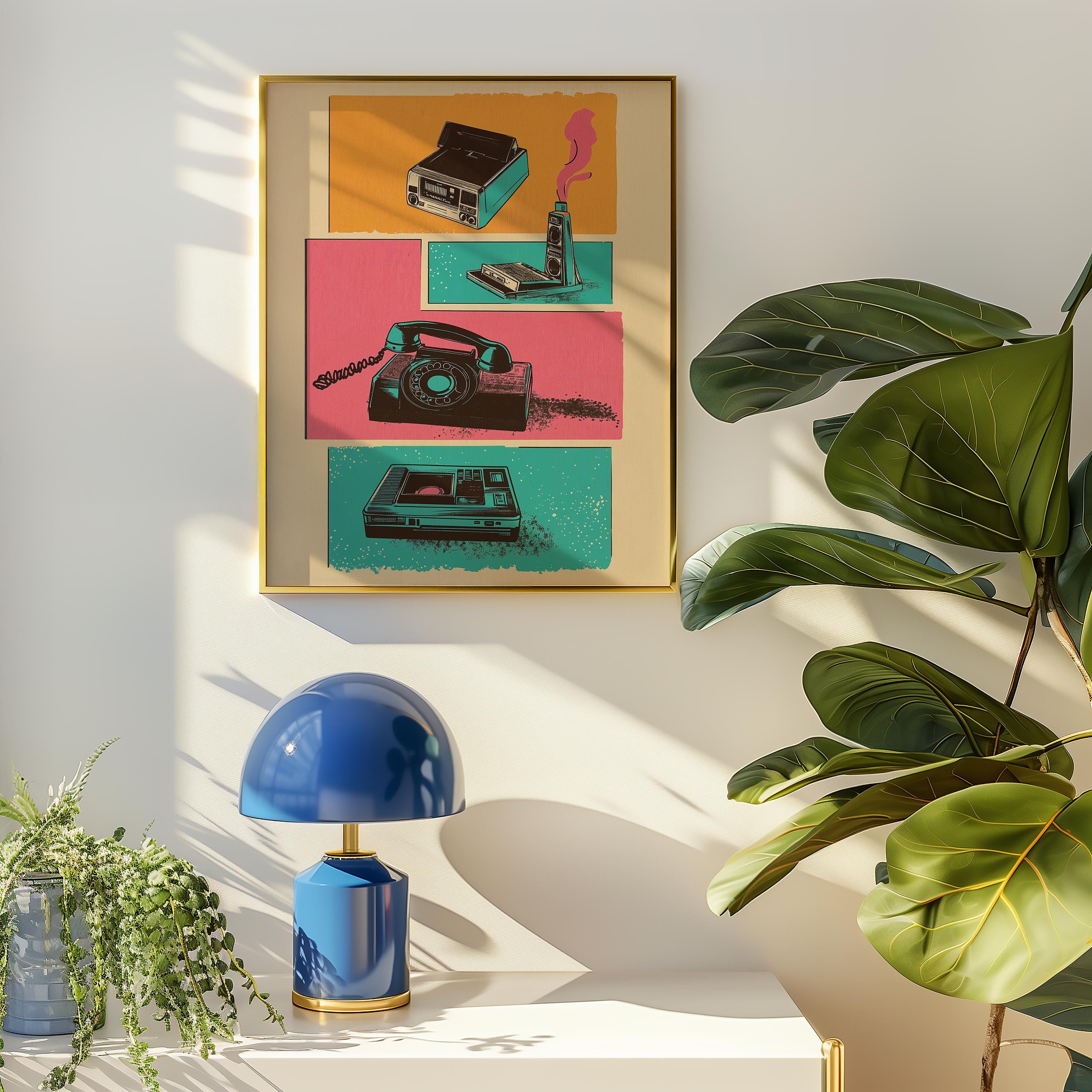 Retro Tech Pop Art Print | Vintage Phone, Camera & Cassette | Bold 80s ...