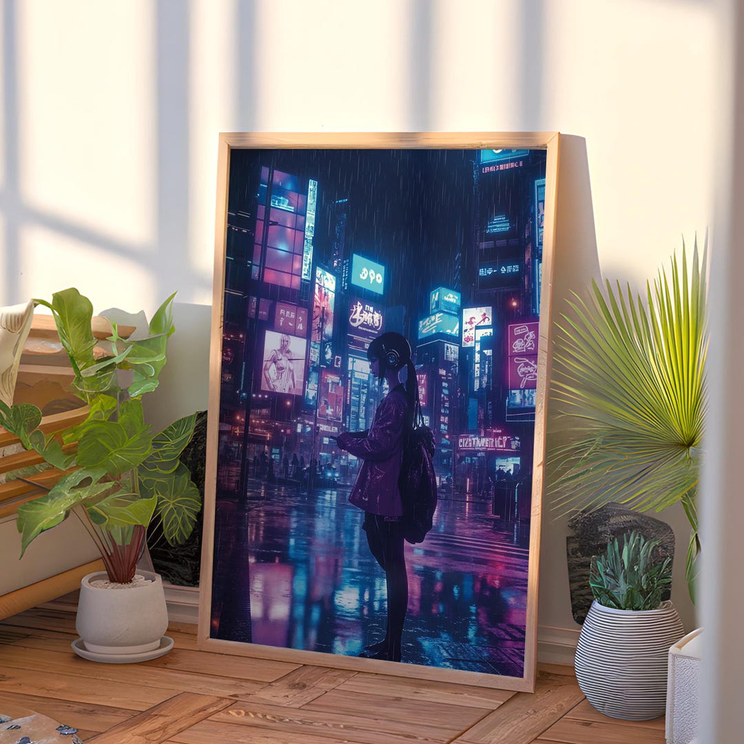 Cyberpunk City Art Print | Futuristic Neon Rain Scene | Sci-fi Urban ...
