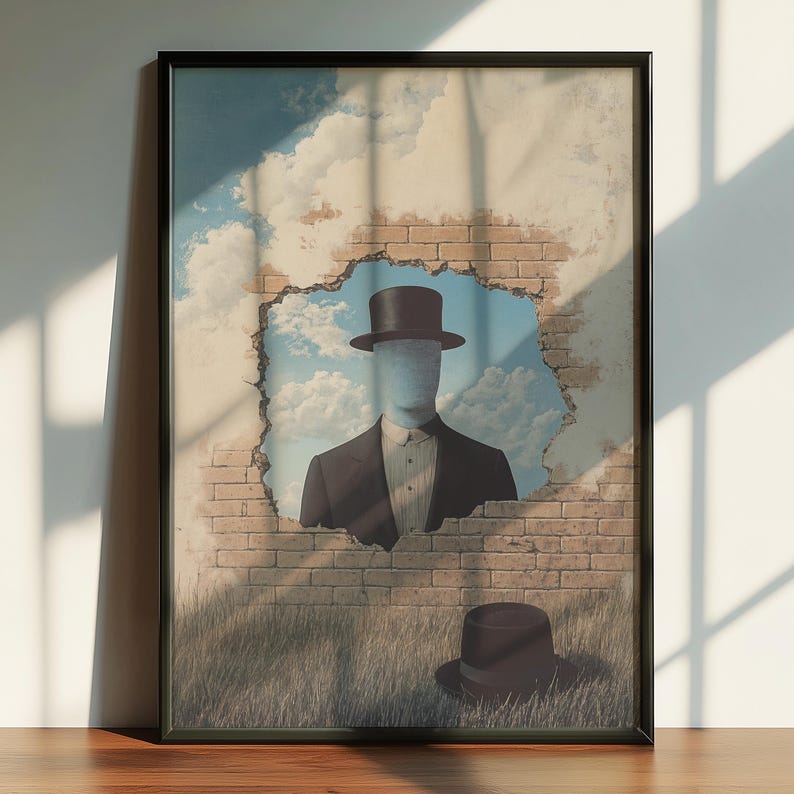 Surrealist Wall Man Digital Art Print | Faceless Figure & Brick Portal ...