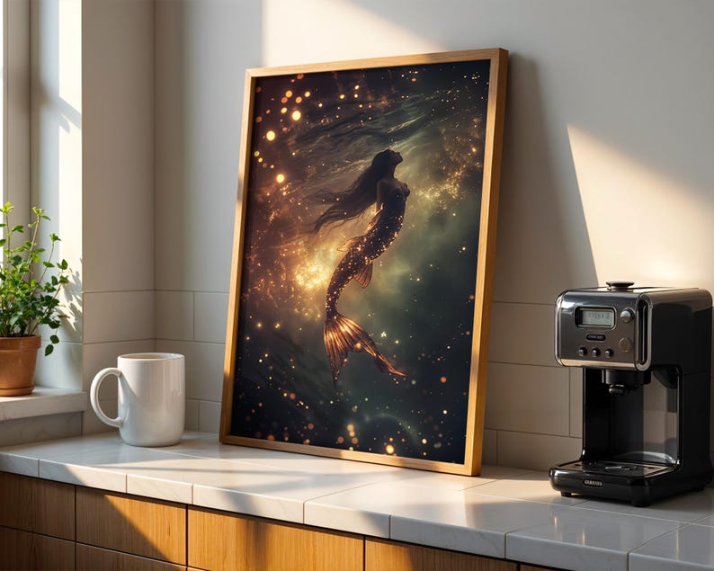 Golden Mermaid Glow Digital Art Print | Enchanting Ocean Fantasy ...