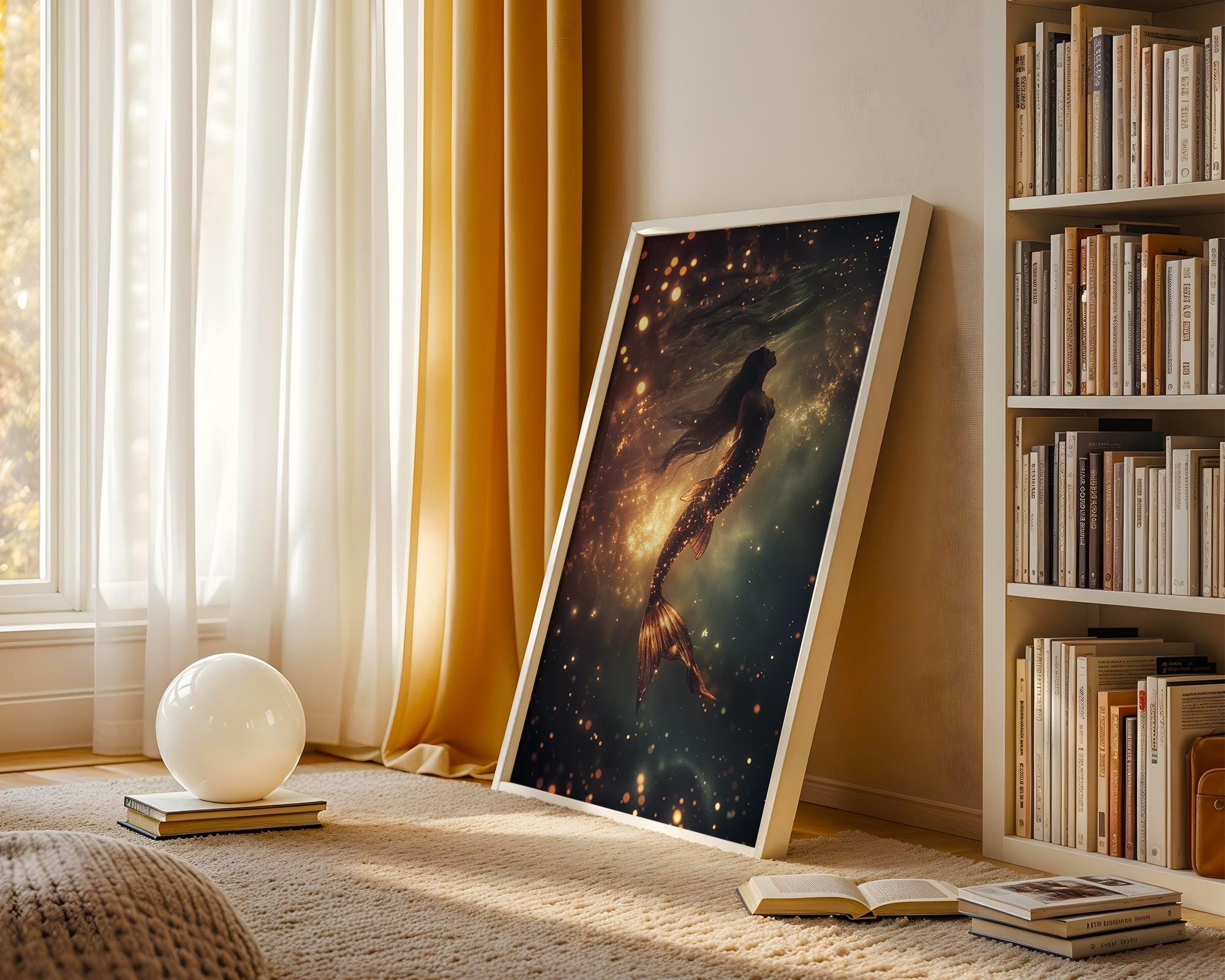Golden Mermaid Glow Digital Art Print | Enchanting Ocean Fantasy ...