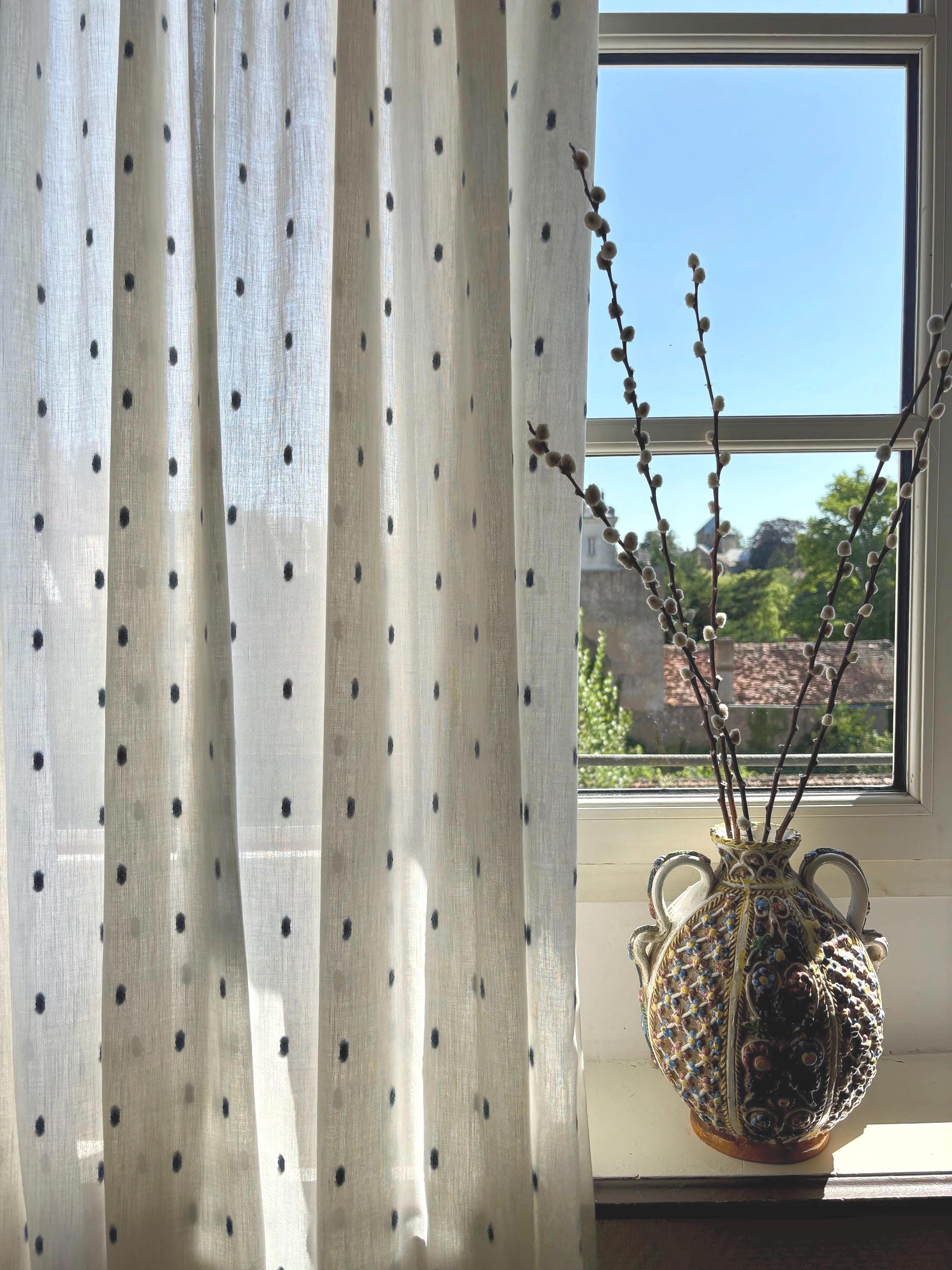 Mid-century French Sheer Curtains – Embroidered Atomic Blue Dots ...