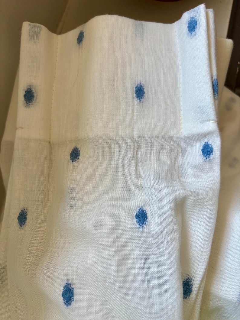 Mid-century French Sheer Curtains – Embroidered Atomic Blue Dots ...