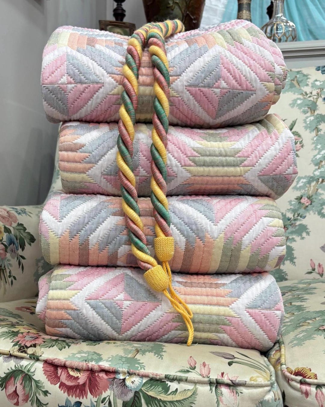 Octagon Log Cabin Quilt Curtains | Mid-century Pastel Geometric Textile ...