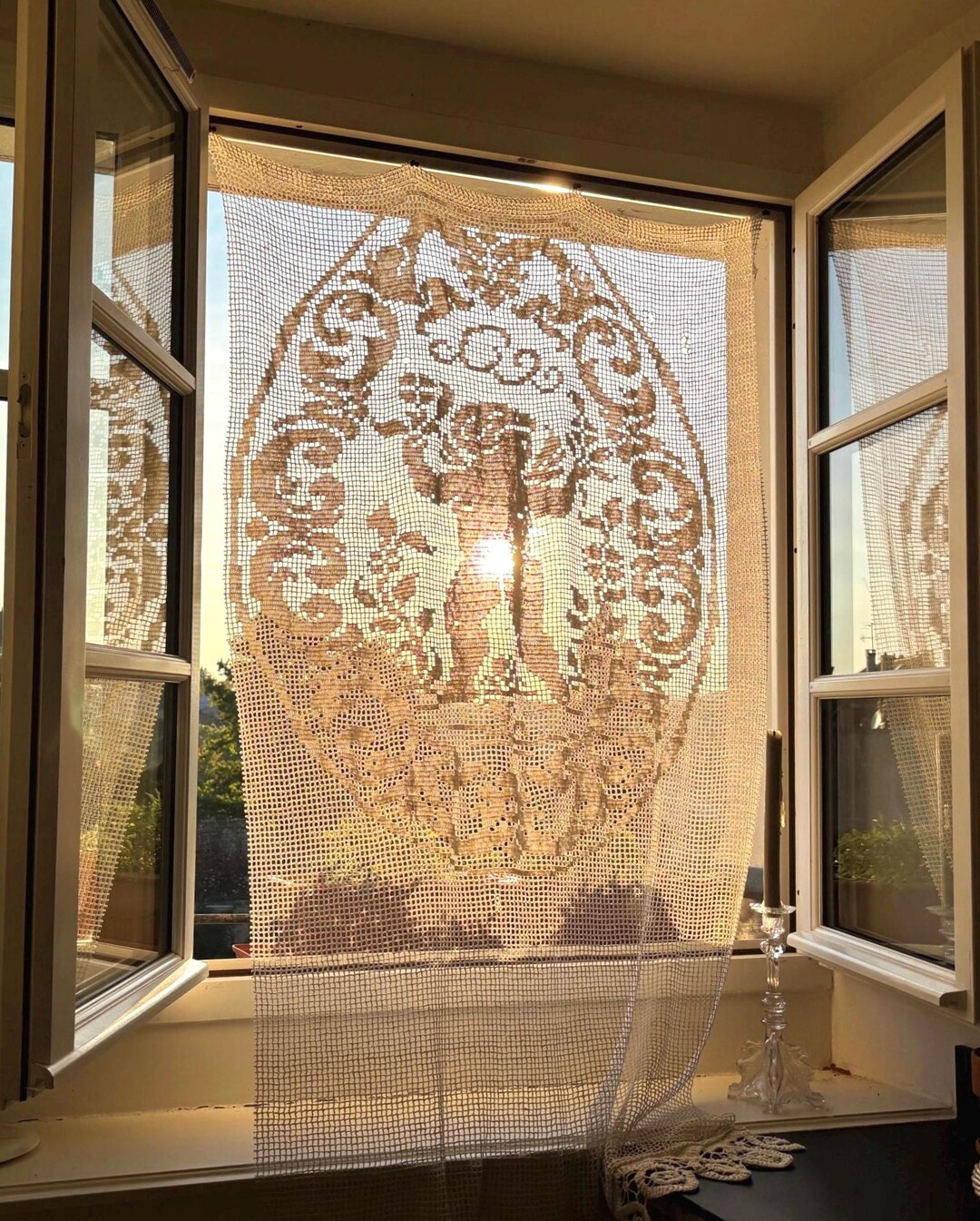 Antique French Filet Crochet Lace Curtain Panel: Cherub Rococo Textile ...