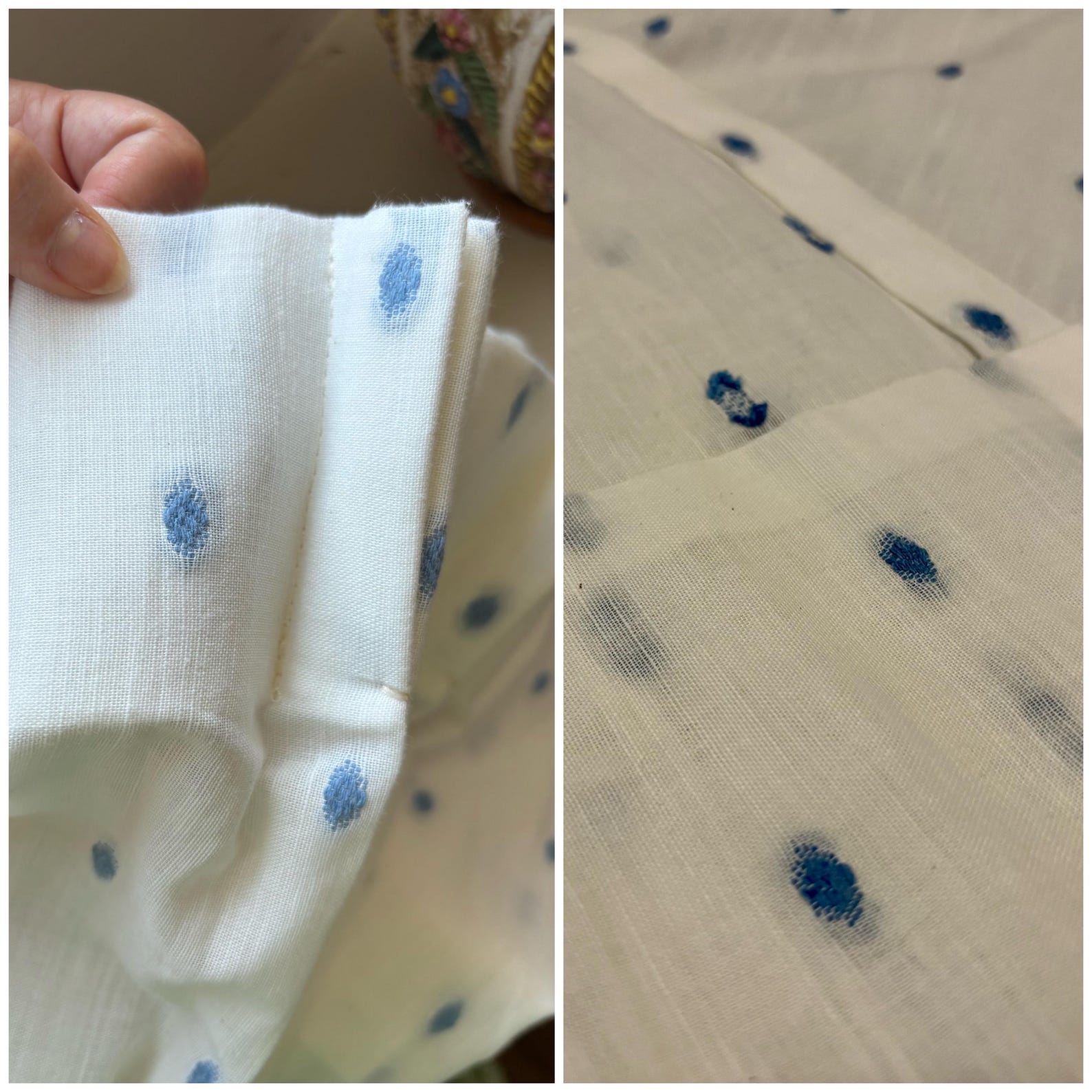 Mid-century French Sheer Curtains – Embroidered Atomic Blue Dots ...
