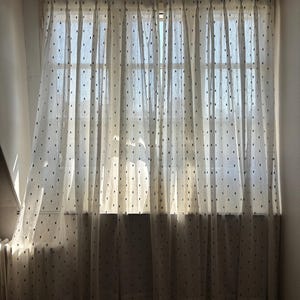 Mid-century French Sheer Curtains – Embroidered Atomic Blue Dots ...