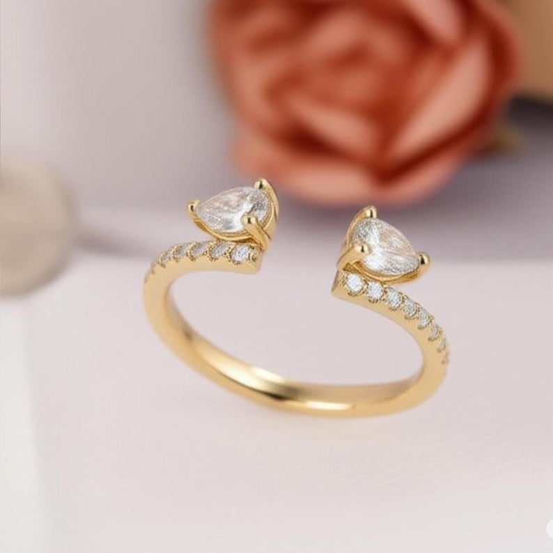 Open Cuff Wedding Band, Two Stone Round& Pear Cut Engagement Ring ...