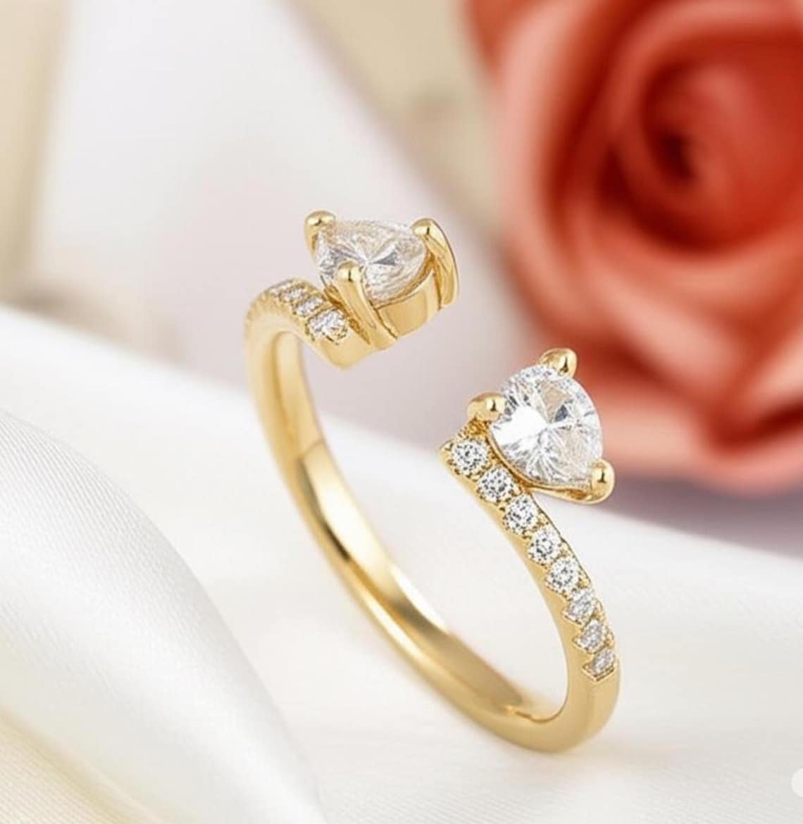 Open Cuff Wedding Band, Two Stone Round& Pear Cut Engagement Ring ...