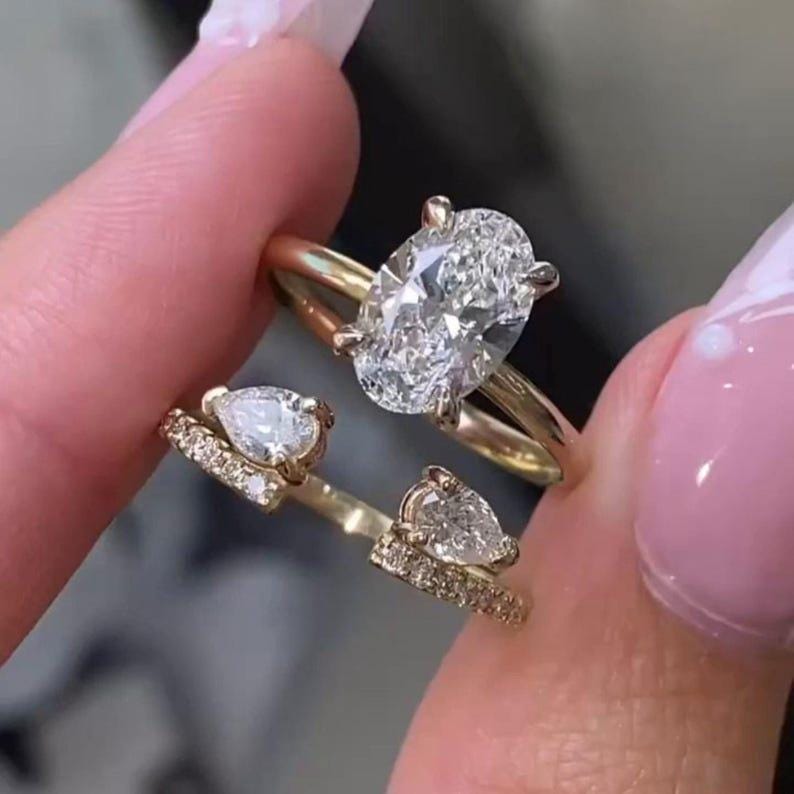 Oval Cut Lab Grown Bridal Ring Set, Open Cuff Wedding Band, Solitaire Oval Cut Engagement Ring ...