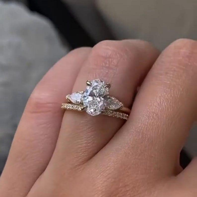 Oval Cut Lab Grown Bridal Ring Set, Open Cuff Wedding Band, Solitaire ...