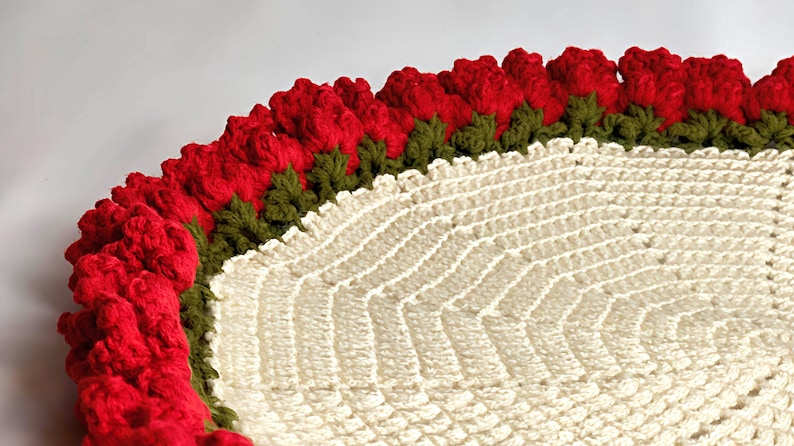 Handmade Floral Crochet Table Mat: Vintage-inspired Cream, Green & Red ...