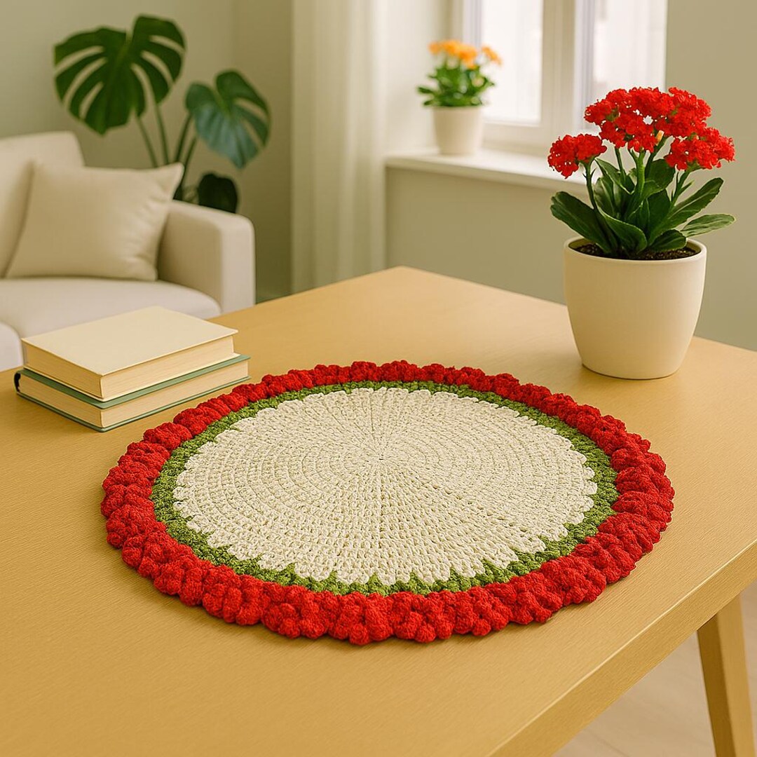 Handmade Floral Crochet Table Mat: Vintage-inspired Cream, Green & Red ...