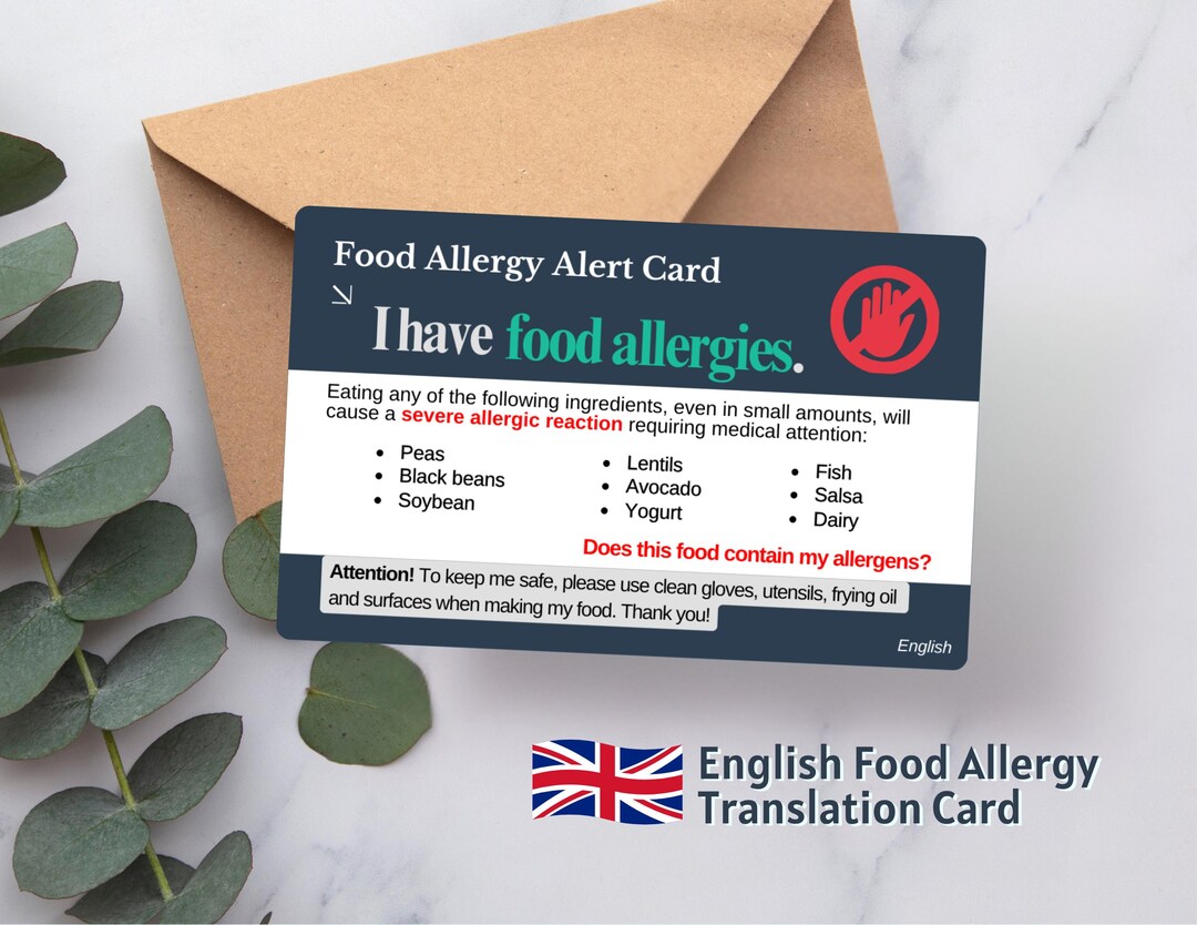 English Food Allergy Card, Personalized Allergy Alert for Peanuts ...