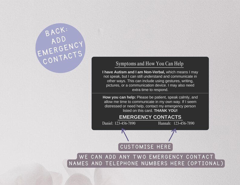 Autism Non Verbal Medical Alert Card, Autistic Spectrum Disorder ID, Personalised Communication ...