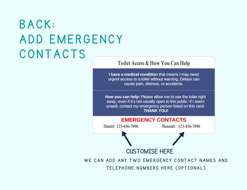 Urgent Toilet Access Card: Medical Alert ID - Emergency Contacts - Etsy