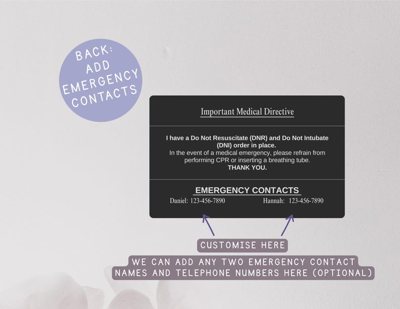 DNR DNI Medical Alert Card, Do Not Resuscitate Do Not Intubate ID ...