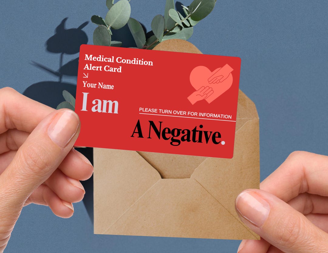 A Negative Blood Type Medical Alert Card – Rhesus Negative Wallet ID ...