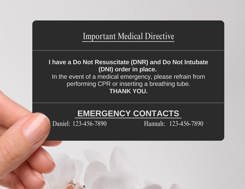 DNR DNI Medical Alert Card, Do Not Resuscitate Do Not Intubate ID ...