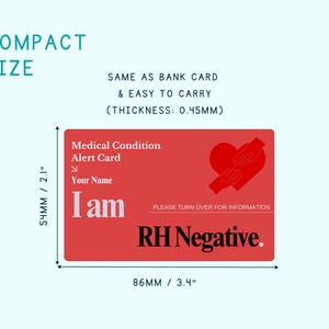 RH Negative Blood Type Medical Alert Card, Custom Rare Blood Type ID ...