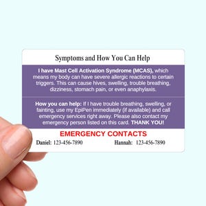 MCAS Medical Alert Card: Mast Cell Activation Syndrome ID - Etsy