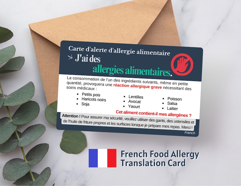 French Bilingual Food Allergy Card, Personalized Allergy Id Card ...