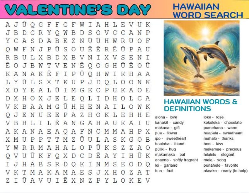 Valentine's Day Hawaiian Word Search Activity Game - Etsy