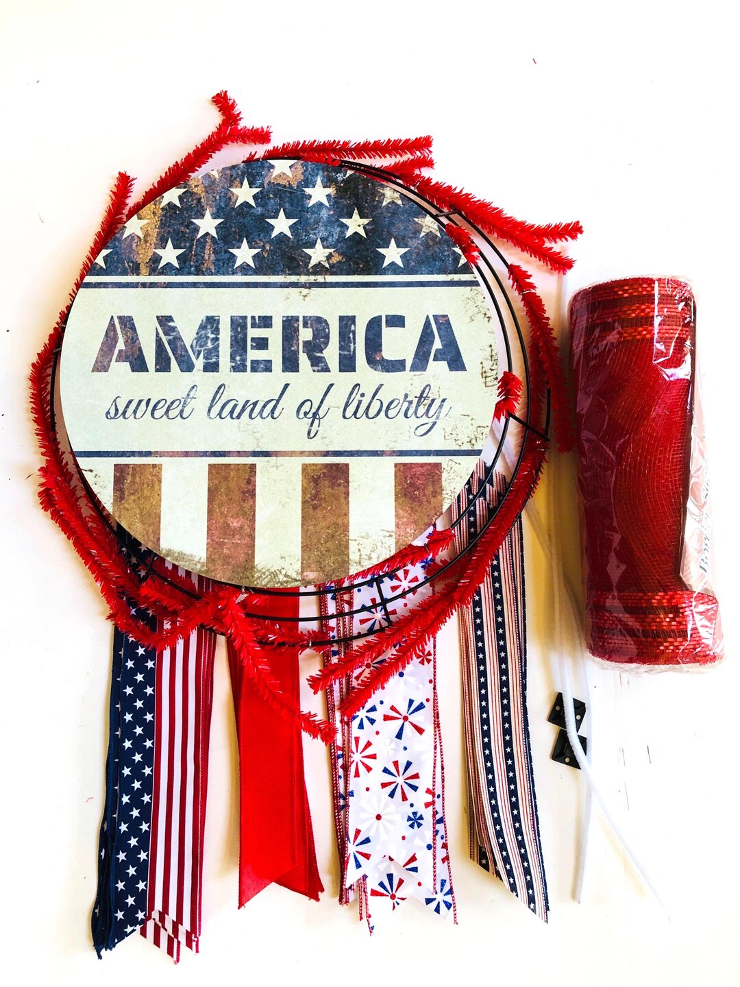 DYI Patriotic Wreath Kit – America Sweet Land of Liberty Sign, Red Mesh ...