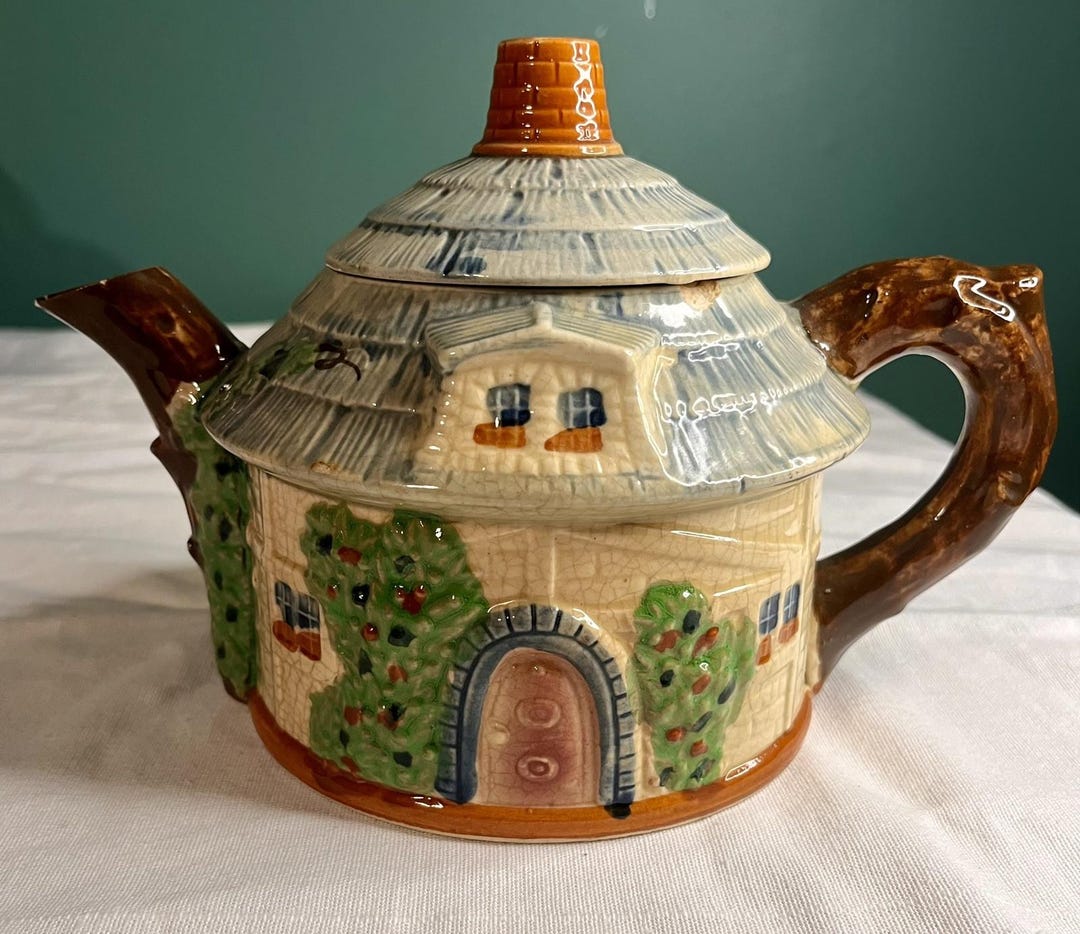 Vtg Ceramic Cottage Teapot Cottage Core Farmhouse Shabby Thatched Roof ...