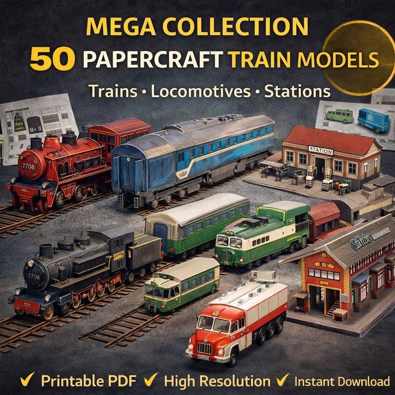Paper Craft Pack Miniatures - Trains, Locomotives, Stations - 50 Models ...