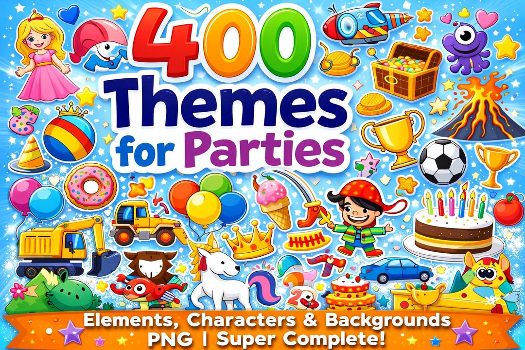 400 Party Themes Bundle PNG | Party Clipart Pack | Characters, Elements ...