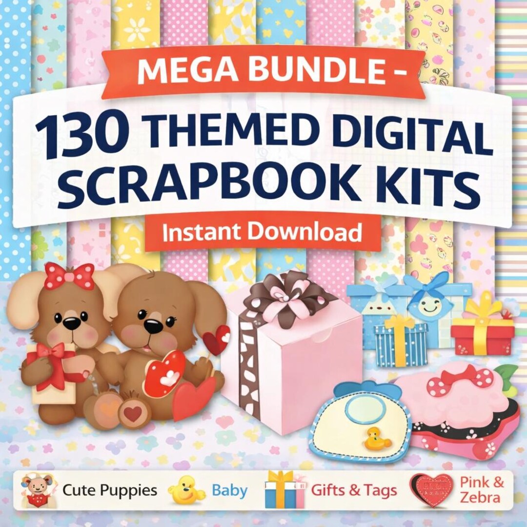 130 Themed Digital Scrapbook Kits Bundle | Elements & Background Papers ...