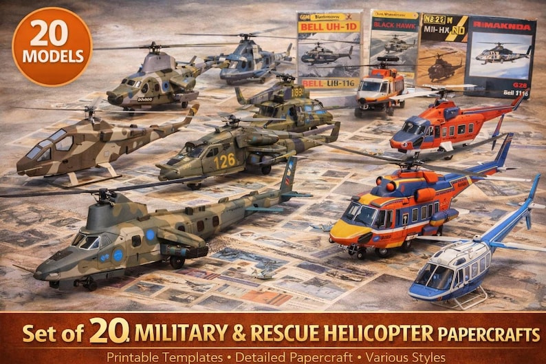 20 Helicopter Papercraft Models Bundle | Military & Civil Helicopters ...