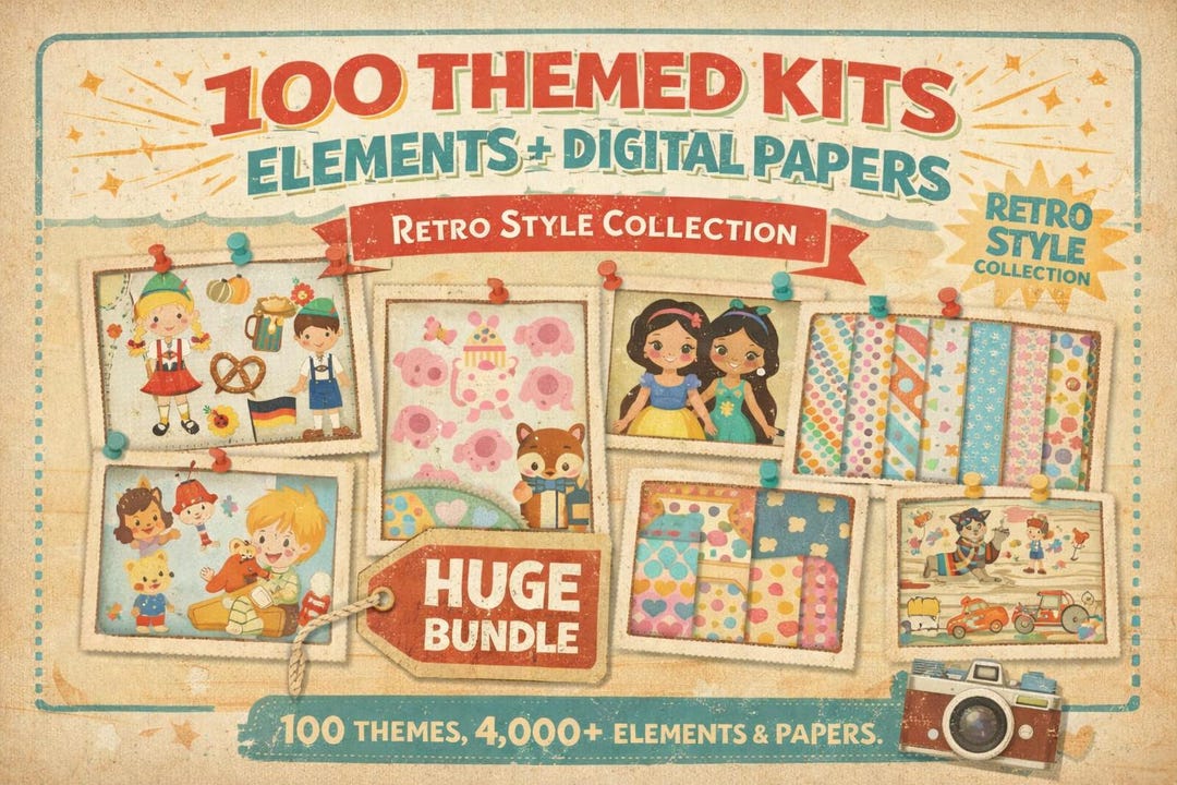 100 Themed Digital Clipart Kits Bundle | Elements and Digital Papers ...