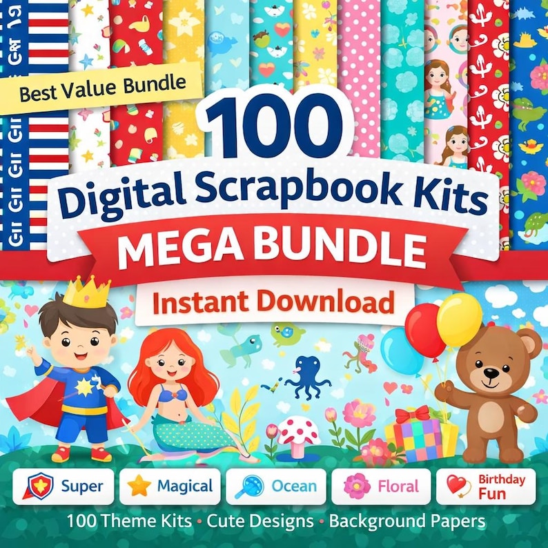 100 Digital Scrapbook Kits Bundle – Mega Value Pack | Background Papers ...