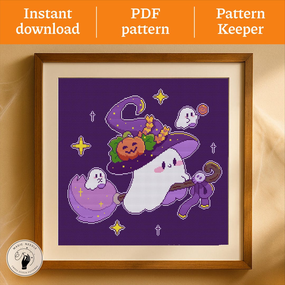 Halloween Ghost Witch Cross Stitch Pattern | Kawaii Broomstick (PDF ...