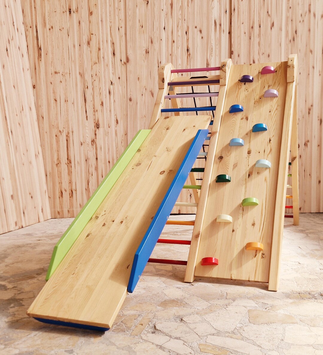 Handcrafted Wooden Climber & Slide Set: Montessori Play Gym for ...