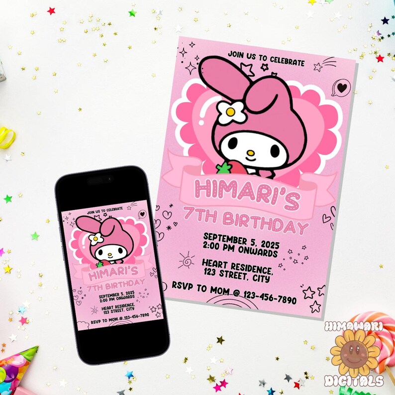 Editable Melo Birthday Invitation | Cute Pink Party Invite | Digital ...