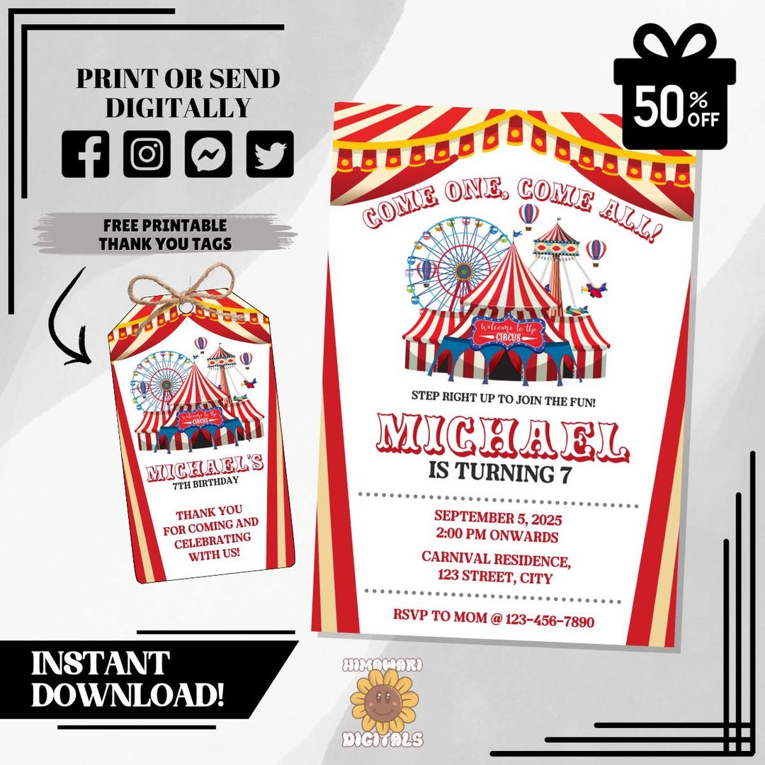 Editable Carnival Birthday Invitation | Circus Party Invite | Funfair ...