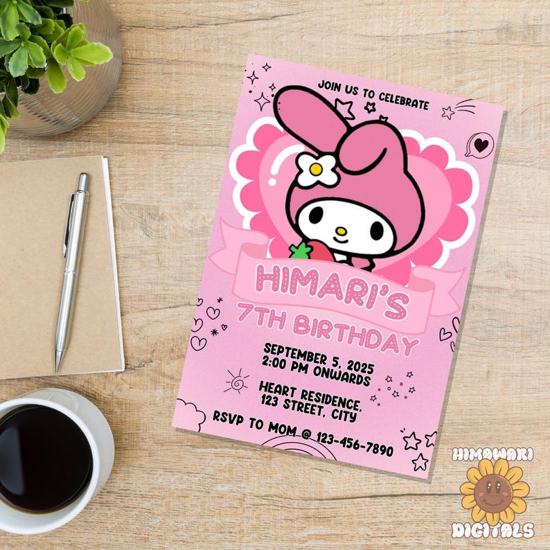 Editable Melo Birthday Invitation | Cute Pink Party Invite | Digital ...