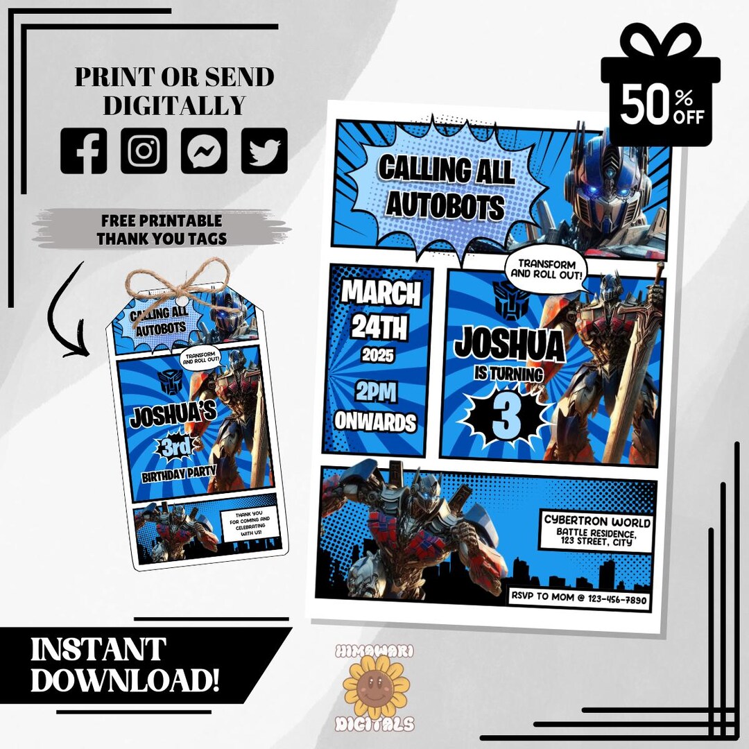 Editable Rescue Bots Transformers Birthday Invitation, Optimus Prime ...