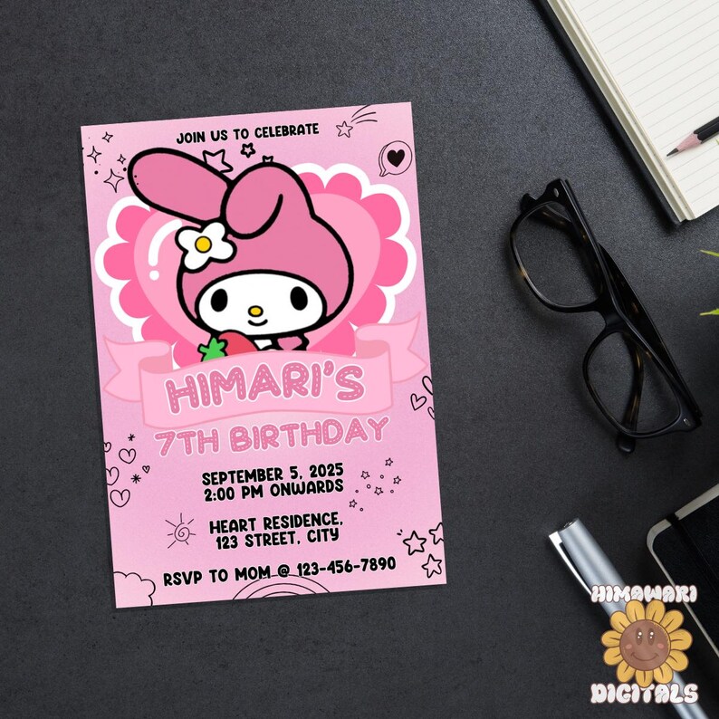 Editable Melo Birthday Invitation | Cute Pink Party Invite | Digital ...
