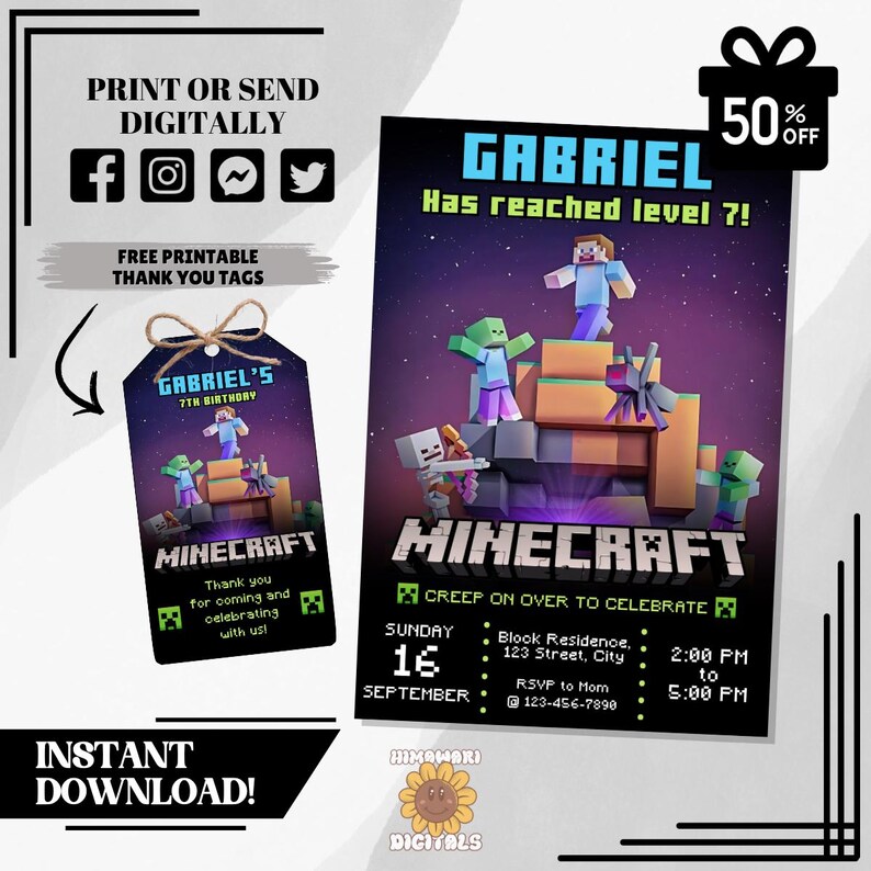Editable Minecrafter Birthday Invitation | Pixel Game Party Invite ...