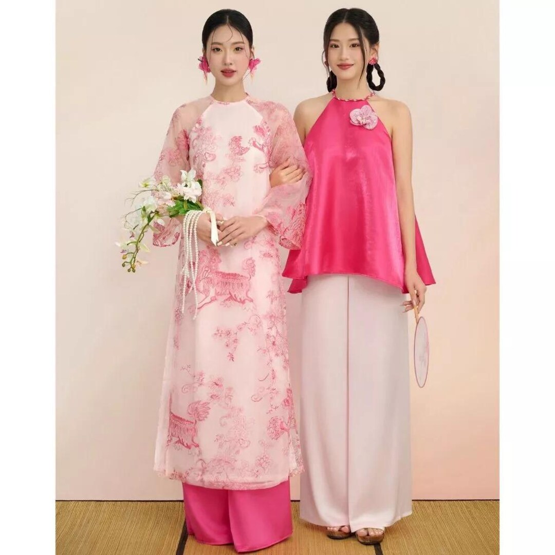 Modern Vietnamese Áo Dài – Hoa Viên Voan Silk Dress Embroidered Qilin ...